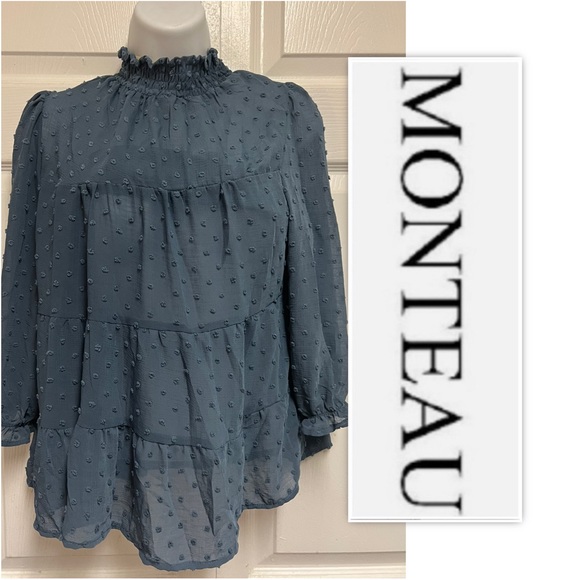 Monteau | Tops | Monteau Blue Tufted Dots Tiered High Neck Blouse ...